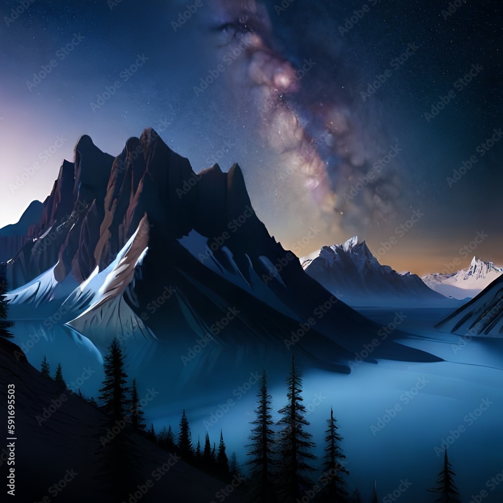 This stunning digital art portrays a majestic mountain range with snow-capped peaks and a starry ...