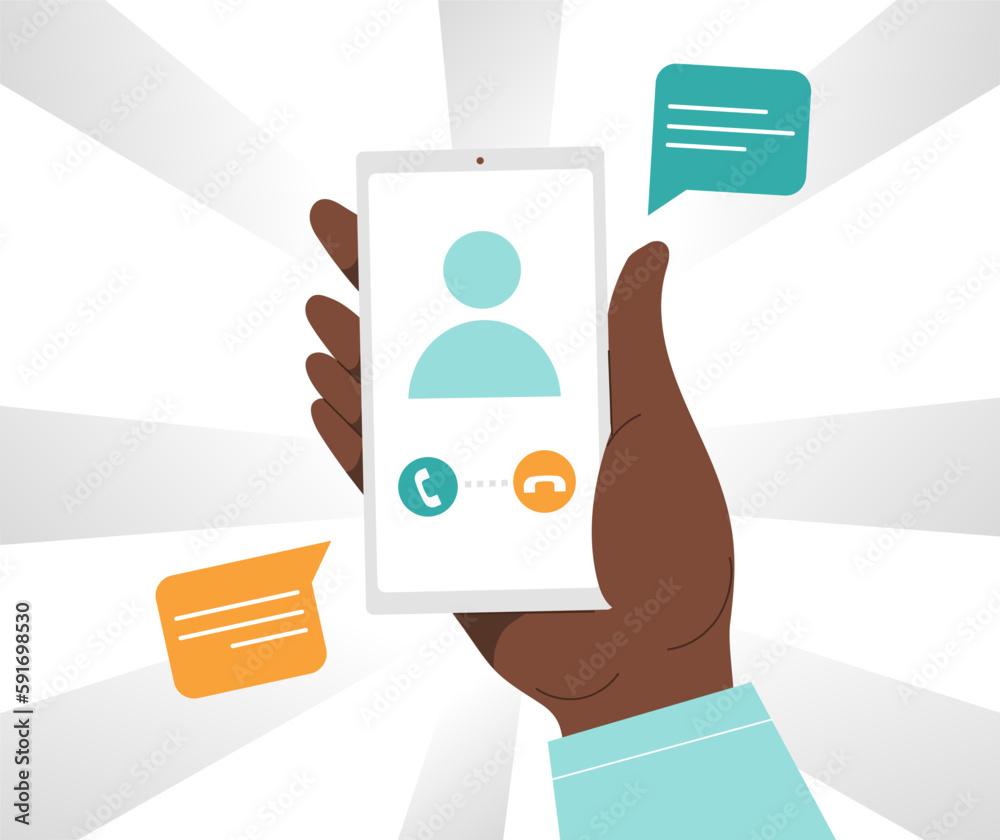 Incoming call concept. Character holding smartphone in his hand. Remote ...