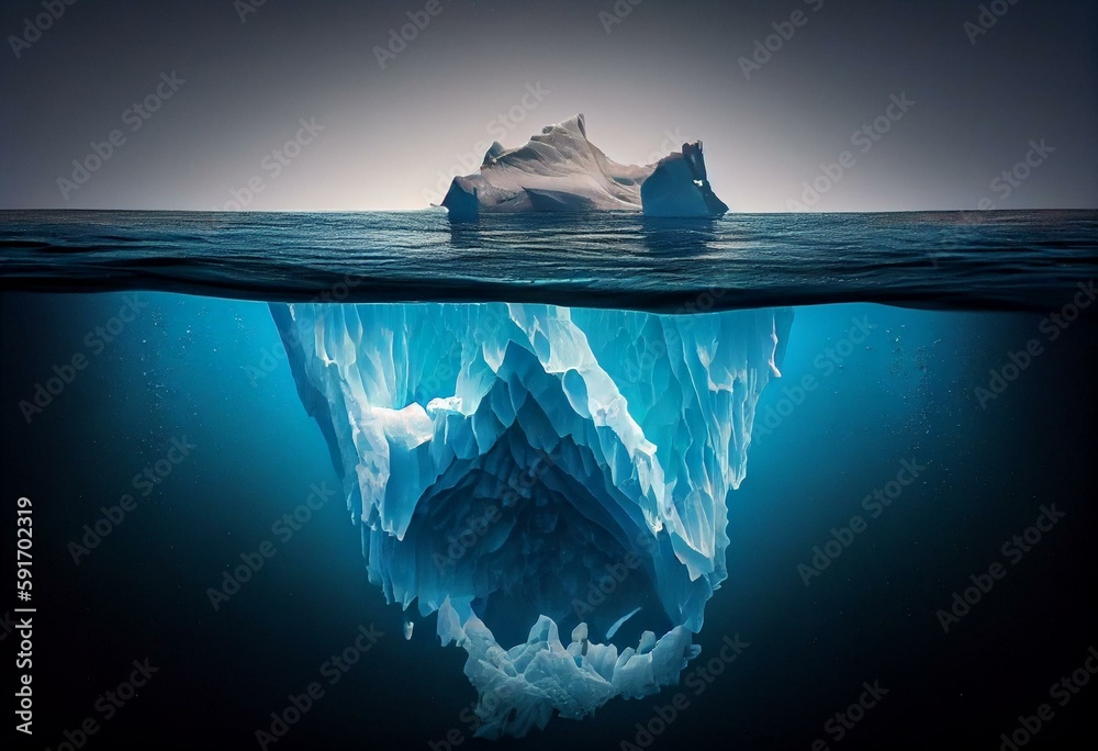 Amazing iceberg with a hidden iceberg underwater in the ocean. The tip ...