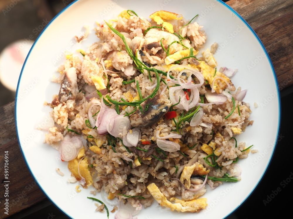 fried rice with egg, mackerel fish and Cha-om leaves or climbing wattle ...