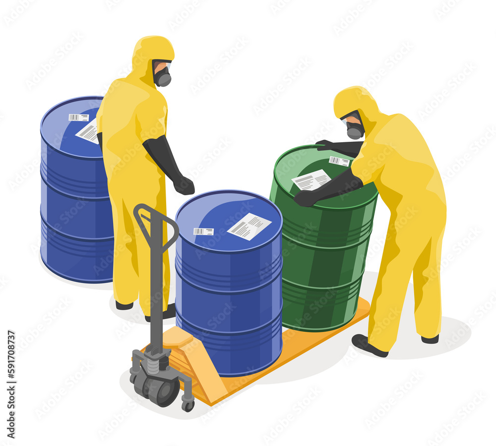 ภาพประกอบสต็อก Hazardous Waste Disposal concept isometric workers in ...