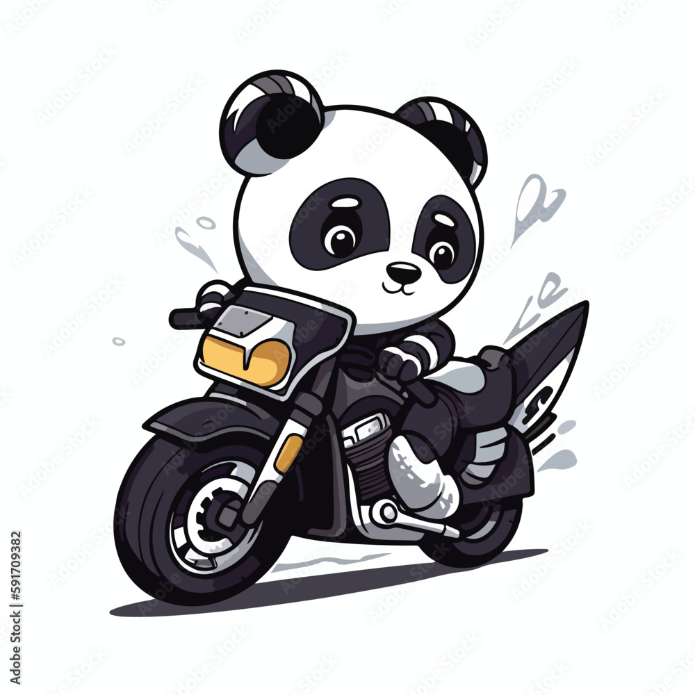 Mascot cartoon of cute smile panda riding motorbike. 2d character ...