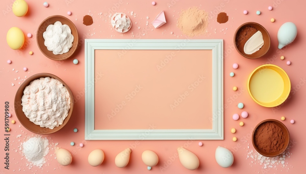 Baking ingredients in a pastel pink frame on a white table. Layout of a ...