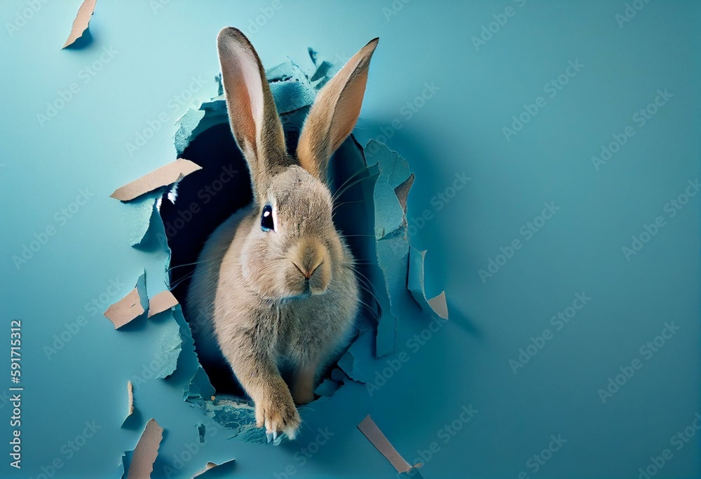 Rabbit tore a hole in a paper background, jumps out of a hole in a blue wall, fluffy eared ...