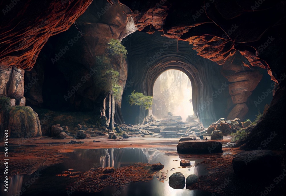 ancient cistern cave with ruined walls and rock falls, created with ...