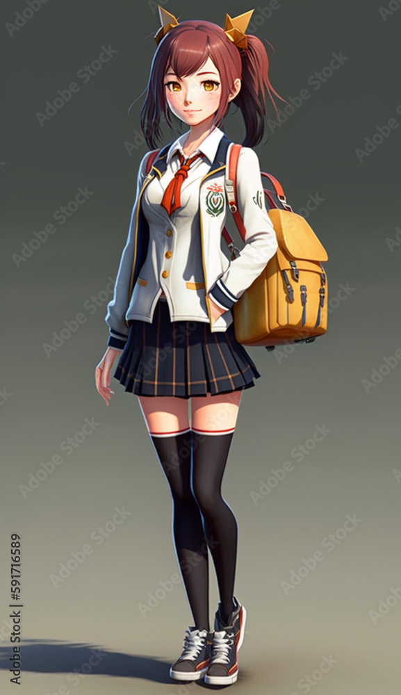 3D cartoon of cute Japanese women wearing school clothes fullbody ...