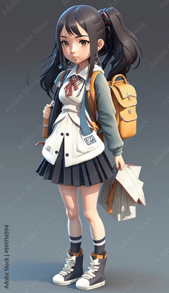 3D cartoon of cute Japanese women wearing school clothes fullbody ...