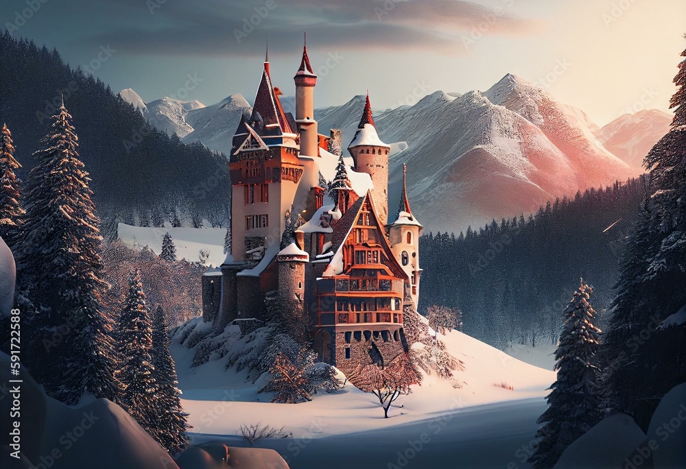 Winter, castle with towers and red roof, snow-white mountains, road and ...