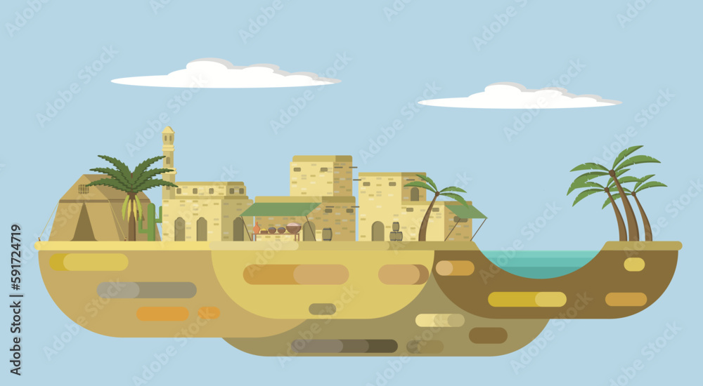 Illustration of middle eastern, arabic village in desert, oasis in ...