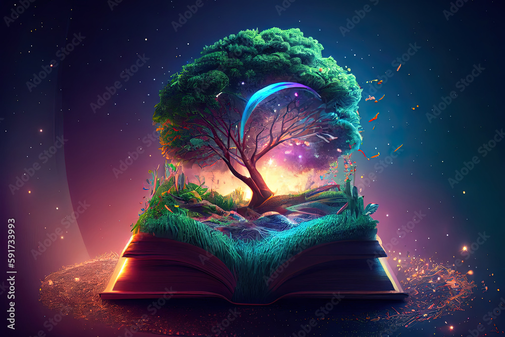 Open book with green nature world coming out of its pages. Generative ...