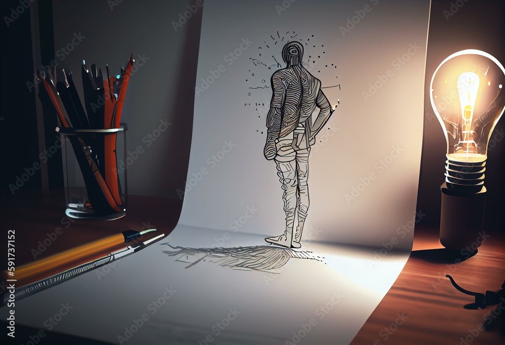 Simple line drawing character with bright ideas, concepts and ...