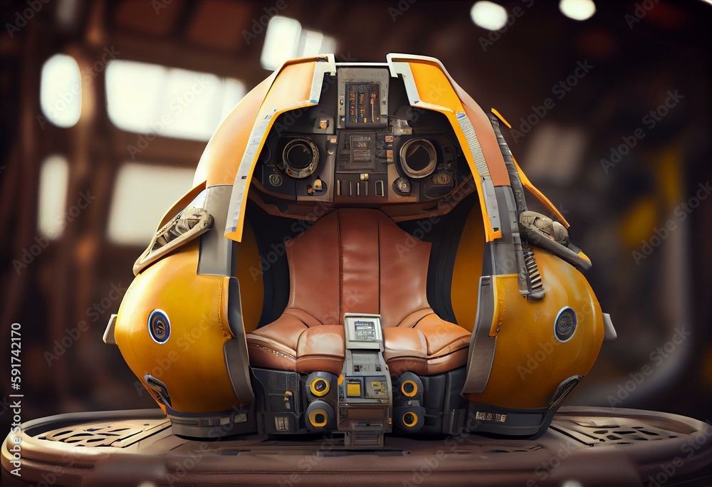 Science fiction pilot's seat in the cockpit. Futuristic spaceship ...