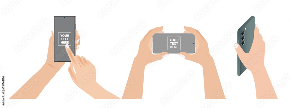 Hand holds the mobile phone in horizontal and vertical positions with ...