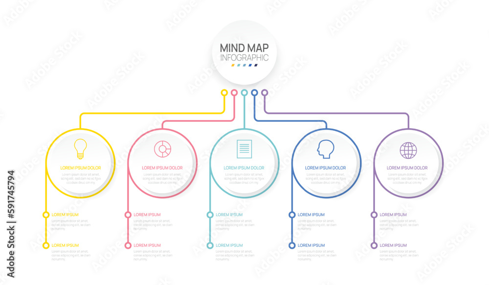Infographic Timeline Mindmap element for business. 5 Steps Modern Mind map diagram, Milestone ...