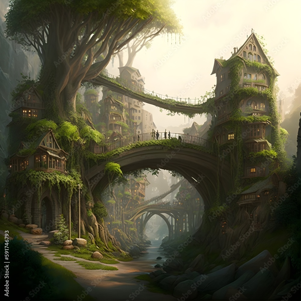 elven tree top village ground up view bridges between homes in trees ...