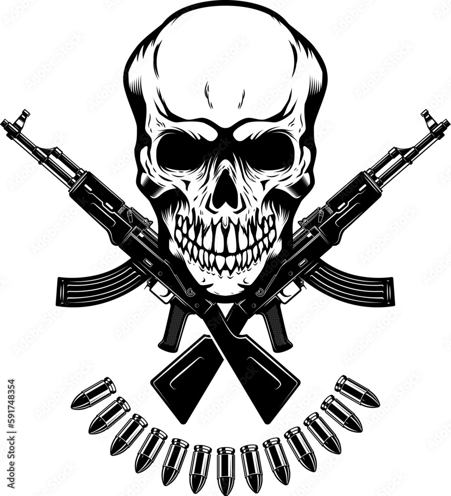Illustration of the skull with crossed assault rifles. Design element ...