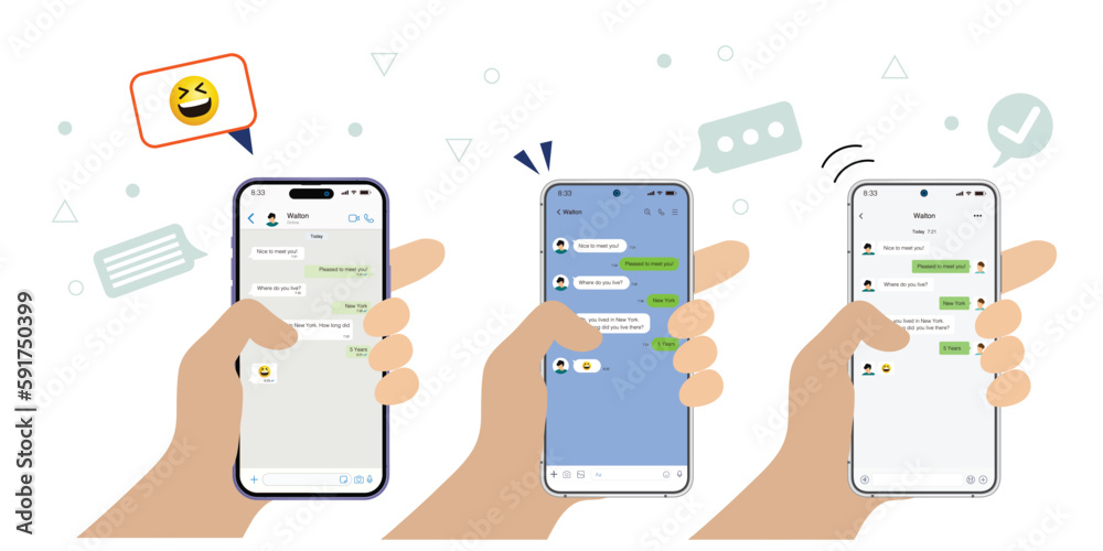 Smartphone in hand. Vector chatting screen in mobile communication ...