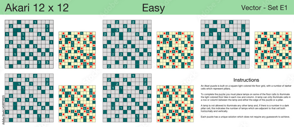 5 Easy Akari 12 x 12 Puzzles. A set of scalable puzzles for kids and adults, which are ready for ...