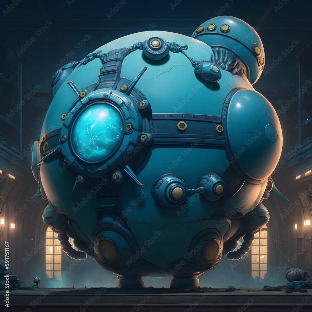 Create a futuristic machine creating a blue orb in a science facility ...
