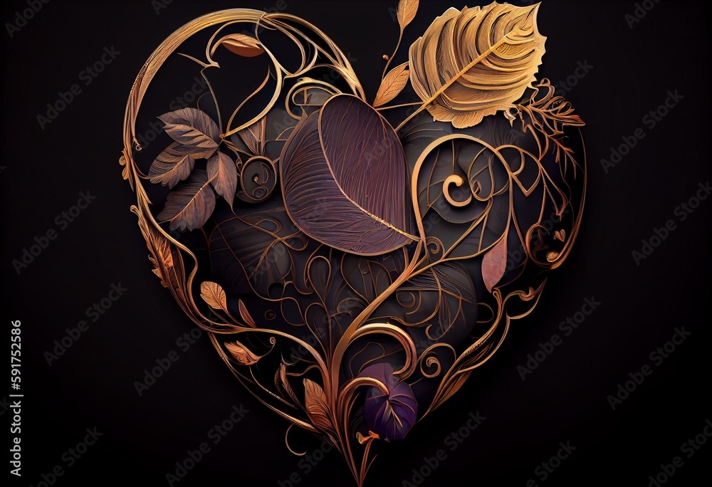 heart shaped object with leaves and swirls on a black background with ...