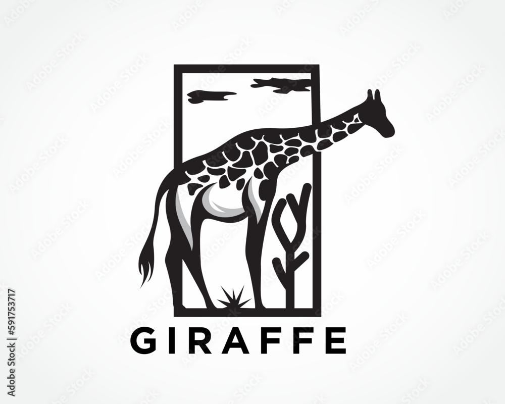 giraffe stand at nature square frame logo design template illustration ...