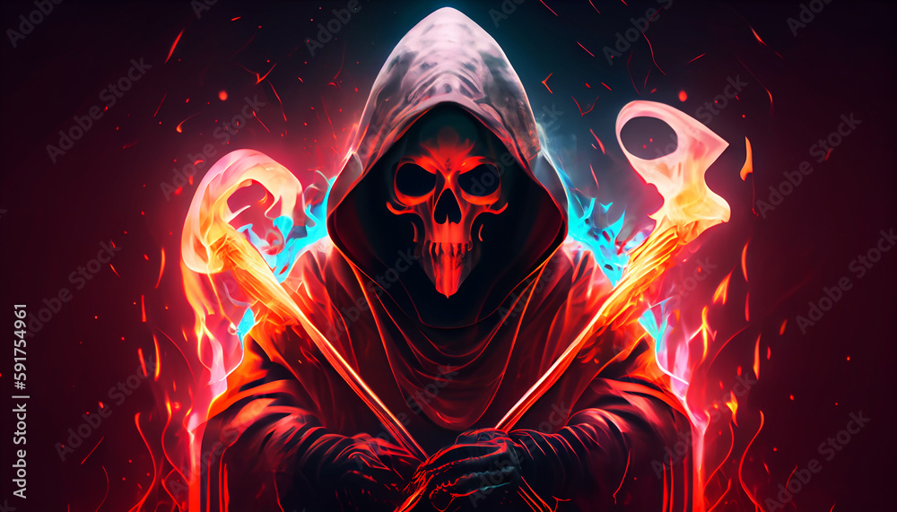 death in black clothes with a scythe in his hands Scary skeleton in ...