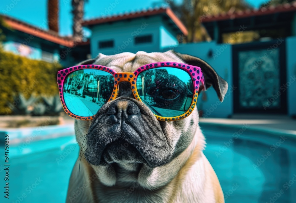 Summer sun cool pug dog relaxing at the palm tree backyard swimming ...