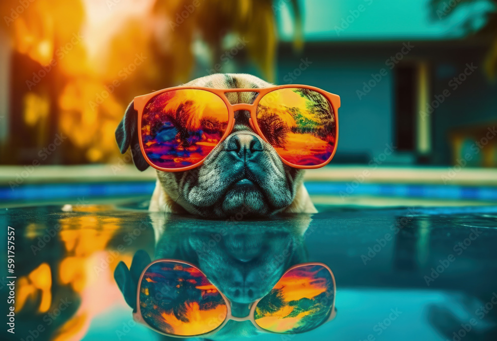 Summer sun cool pug dog relaxing at the palm tree backyard swimming ...