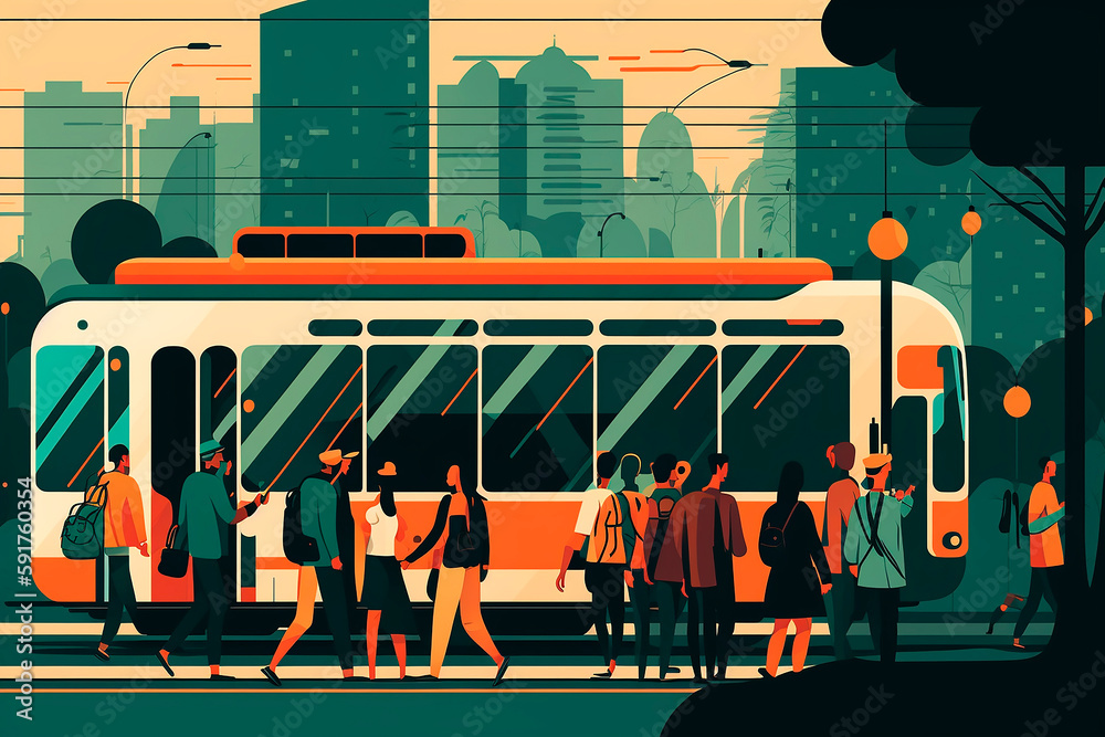 Public transport flat illustration with the crowd at rush hour ...