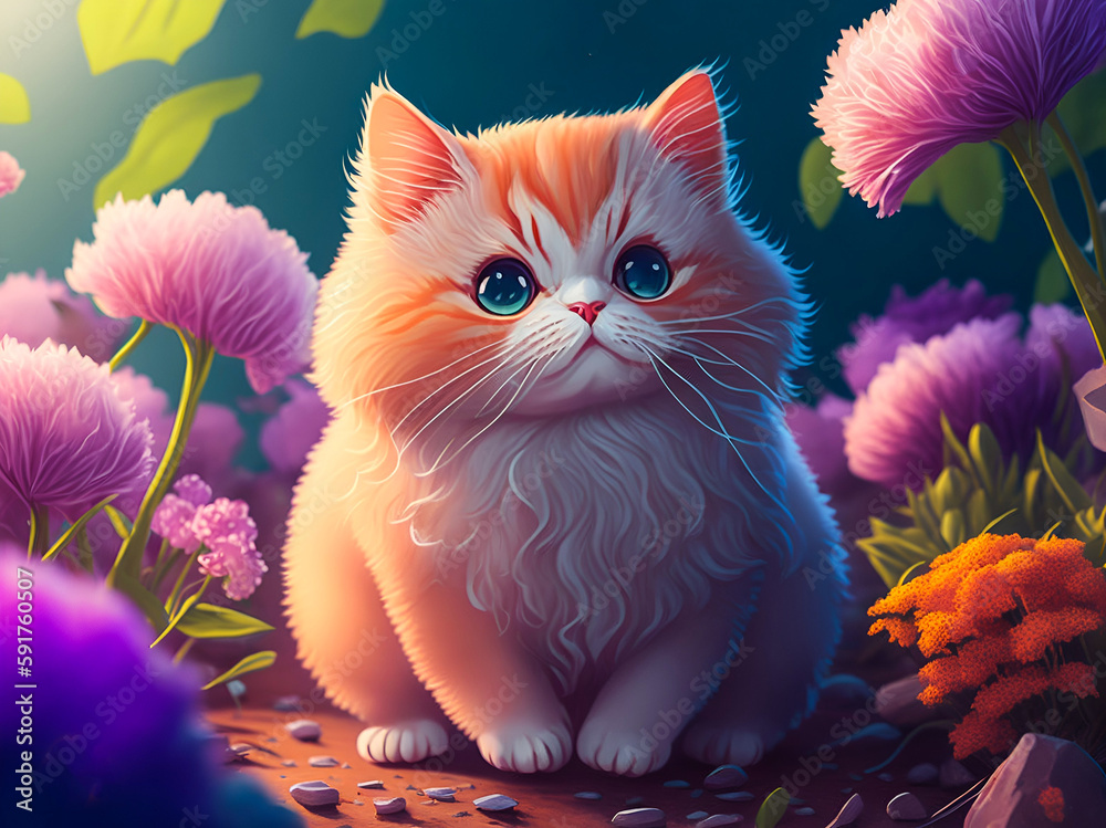 Red fairy tale cat surrounded by flowers in the garden Stock ...