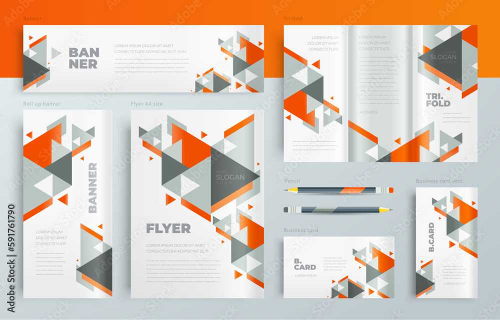 Set geometric triangles theme flyer cover, tri-fold, banner, roll up ...