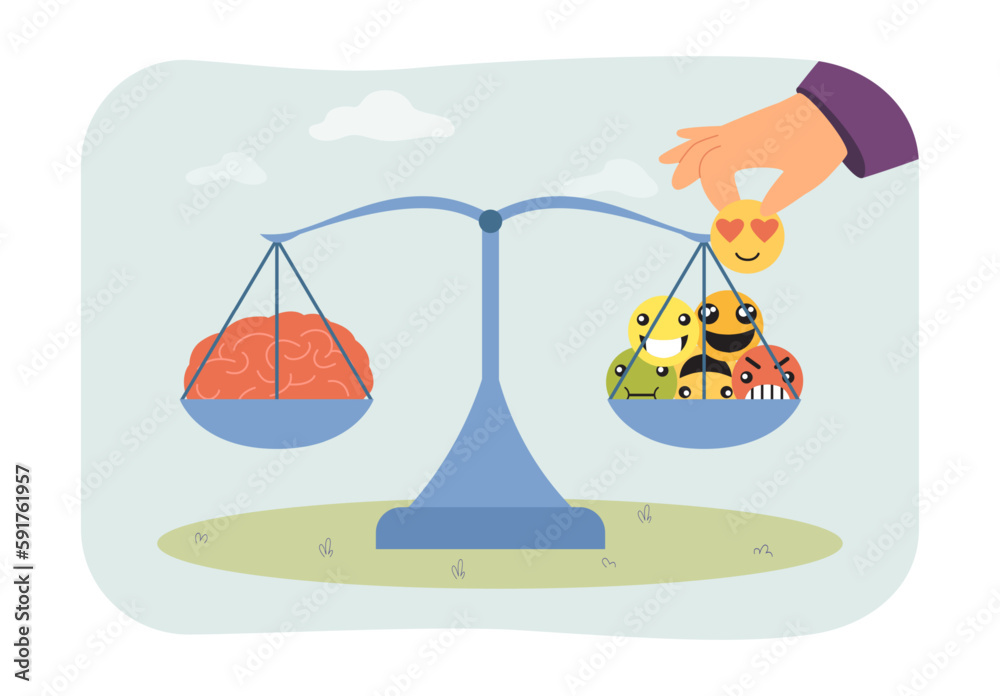 Hand putting emotions on scales with brain vector illustration. Cartoon ...