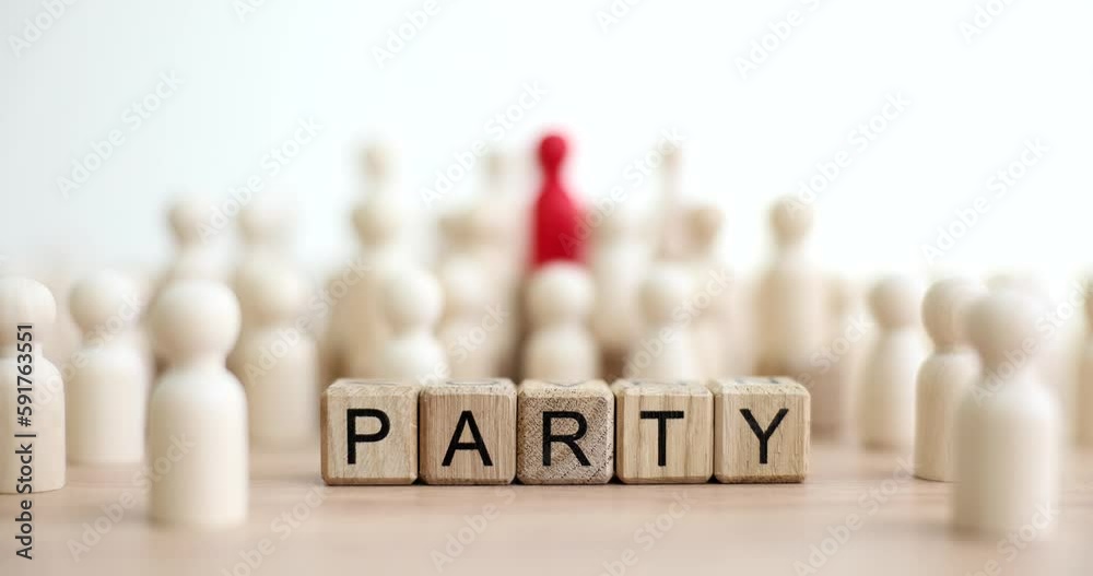 Word Party made of wooden cubes against crowd of white figurines and ...