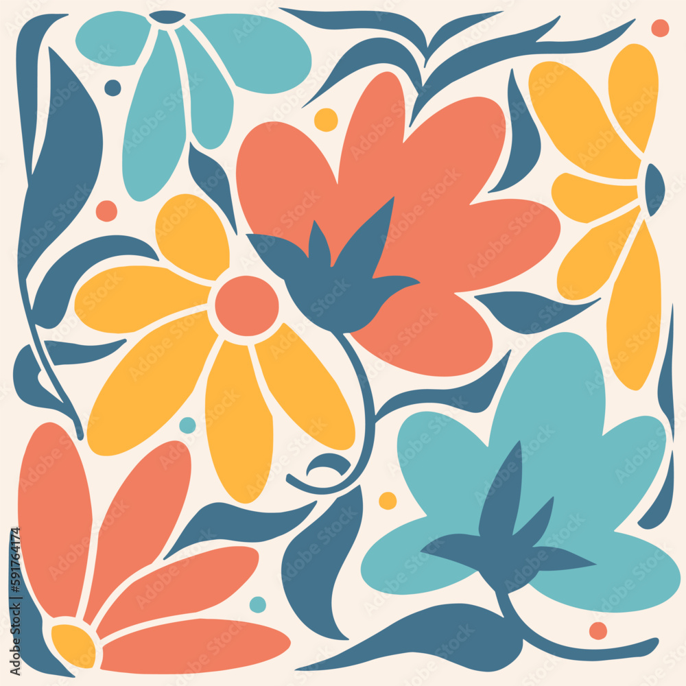 Abstract floral print with flowers and leaves. Hand drawn modern art ...