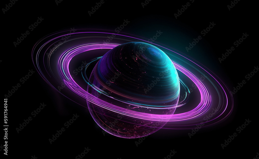 image of a glowing planetary system on black background, in the style ...
