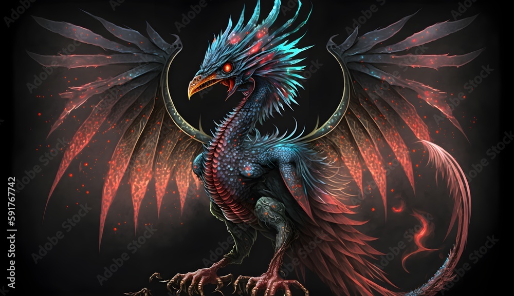 full body image of firebreathing cockatrice basilisk with glowing red ...