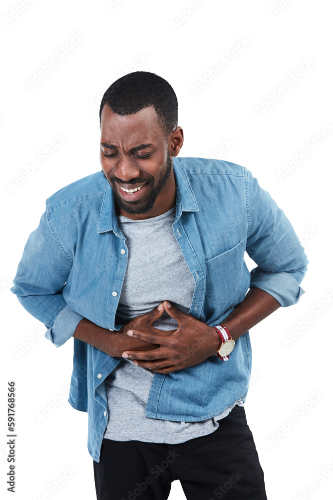 Stomach pain, sick and black man with ibs gas on an isolated and ...