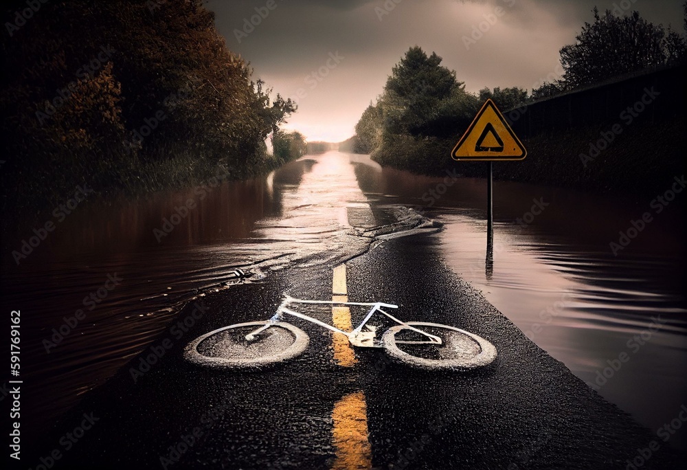 Foot and bike path flooded during a flood. Only a traffic sign still ...
