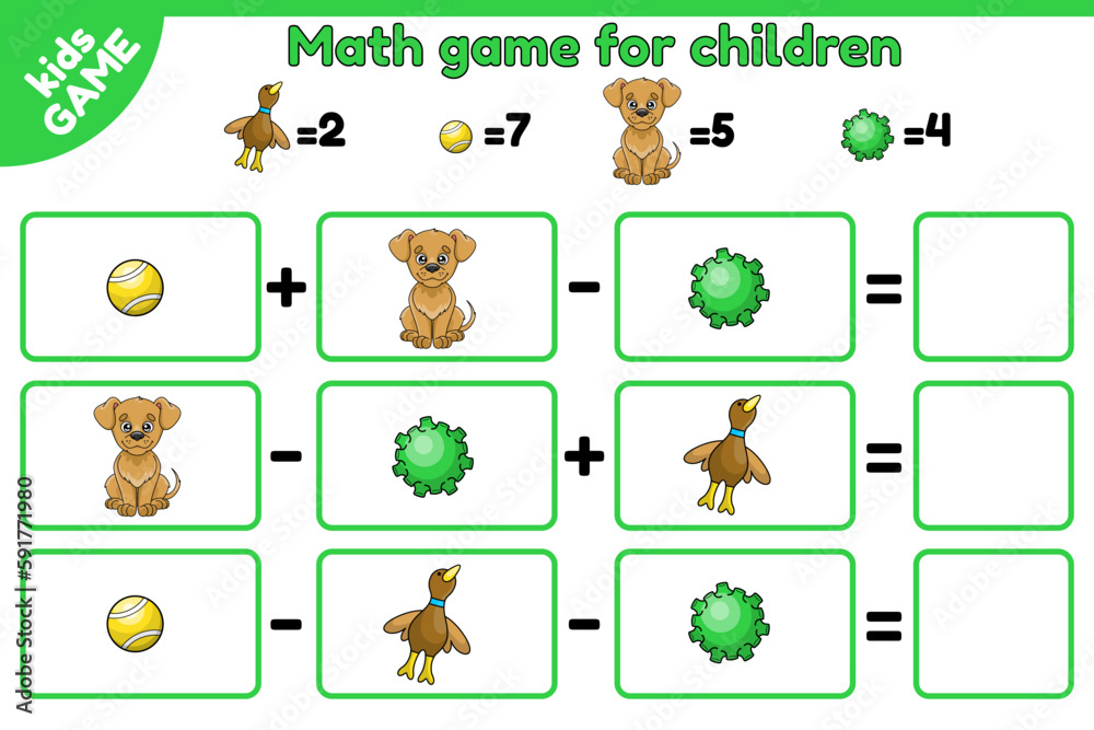 Kids game. Task for addition and subtraction for children. Educational ...