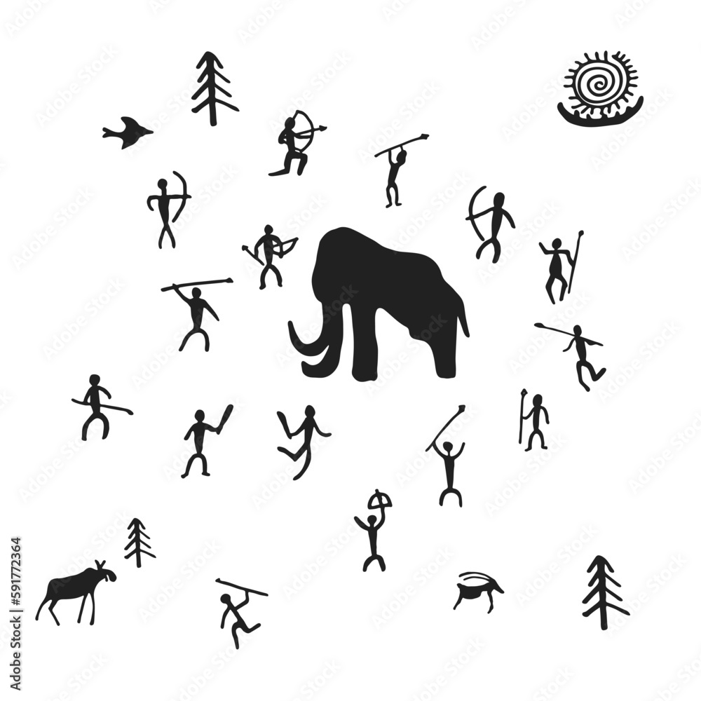 Cave painting prehistoric rock art hand drawn sketch style vector ...