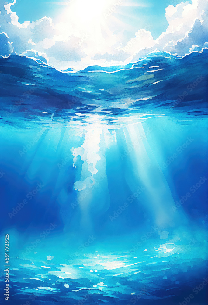 watercolor ocean water surface and underwater, ai generation Stock ...