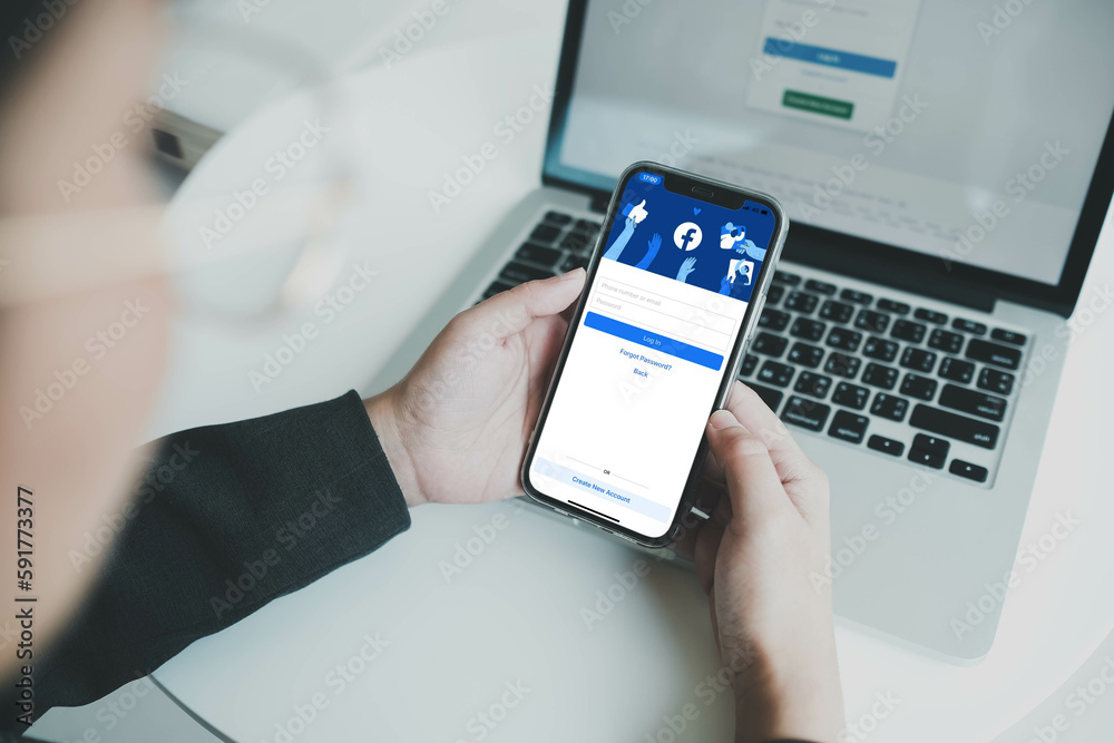 Bangkok. Thailand. 17 April,2023 Facebook social media app logo on log ...