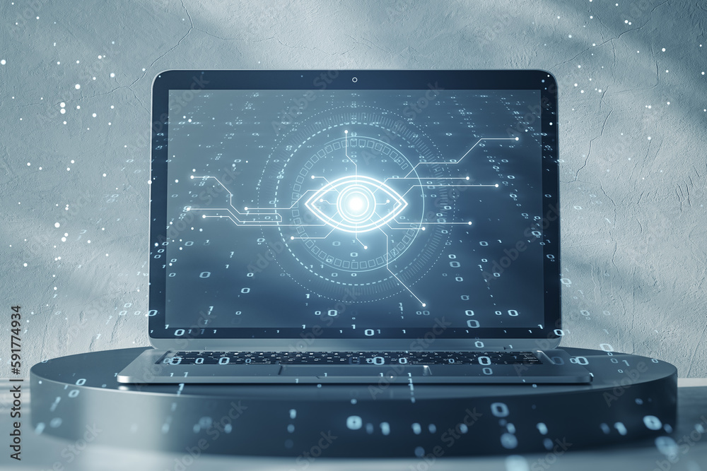 Close up of laptop on pedestal with cyber spy technology hologram ...