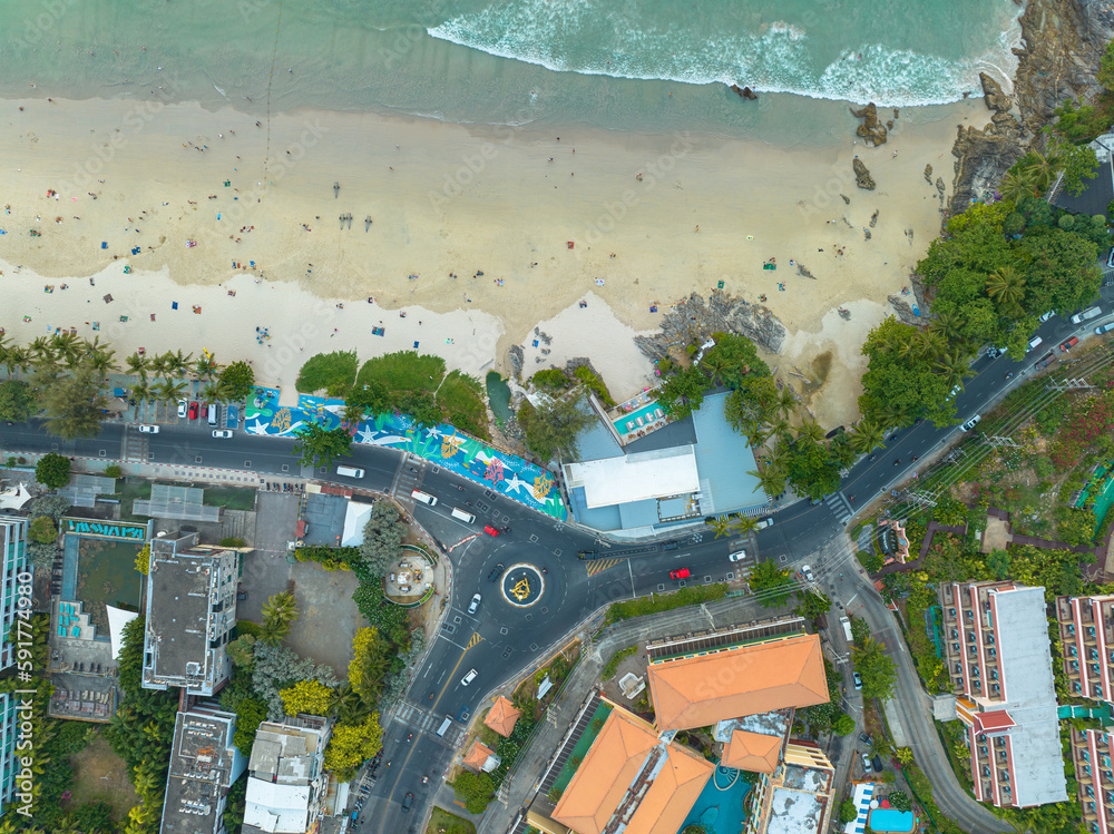 Foto de Aerial top view over Patong beach dolphin circle..The dolphin ...