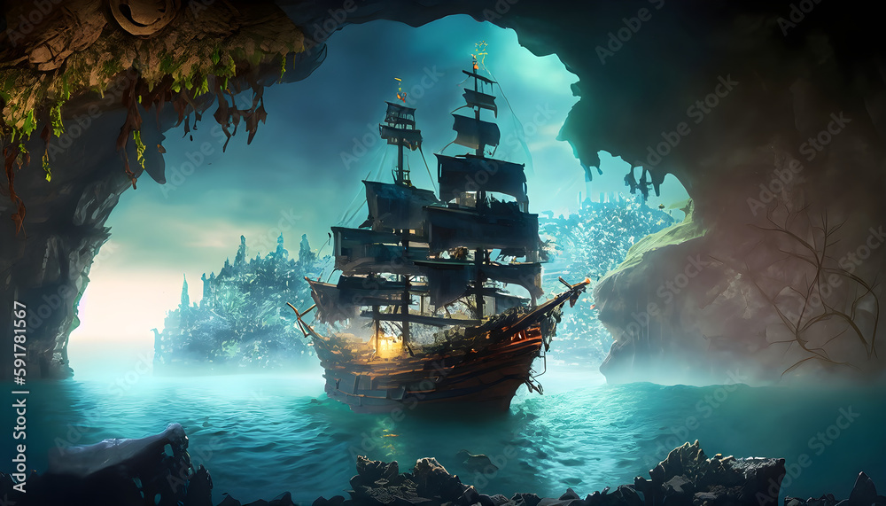 ship in sea,an underground ocean, a pirate ship in the foreground ...