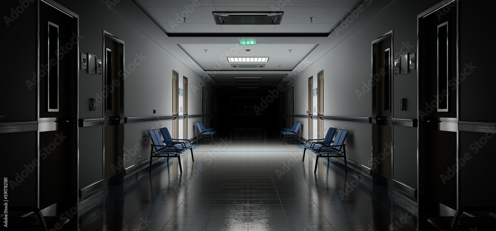 Long dark hospital corridor with rooms and seats 3D rendering. Empty ...
