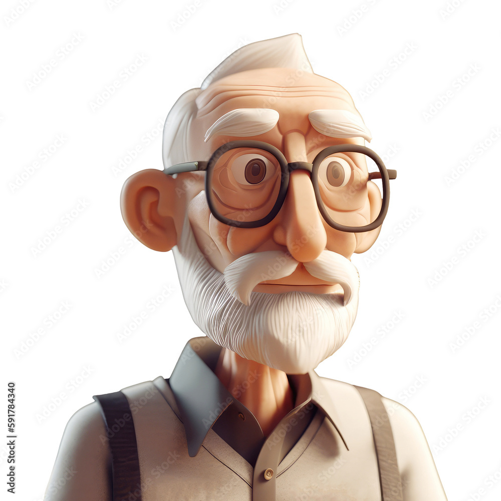 cute icon 3D old man avatar, elderly pensioner, senior grandfather portrait, happy retired ...
