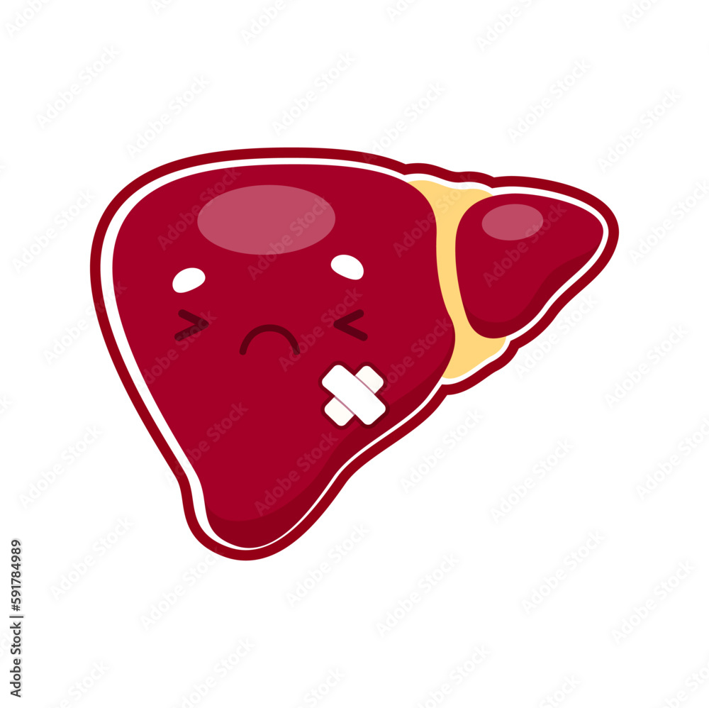 Liver, sick organ character, injured unhealthy cartoon sad liver with ...