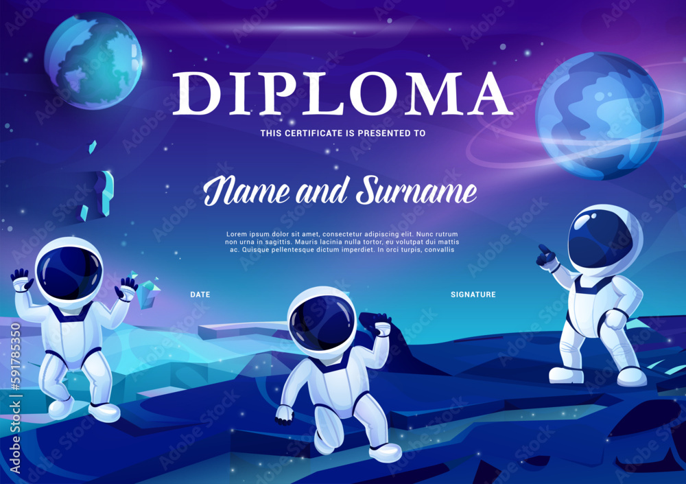 Kids astronaut diploma. Cartoon astronaut characters on space planet ...