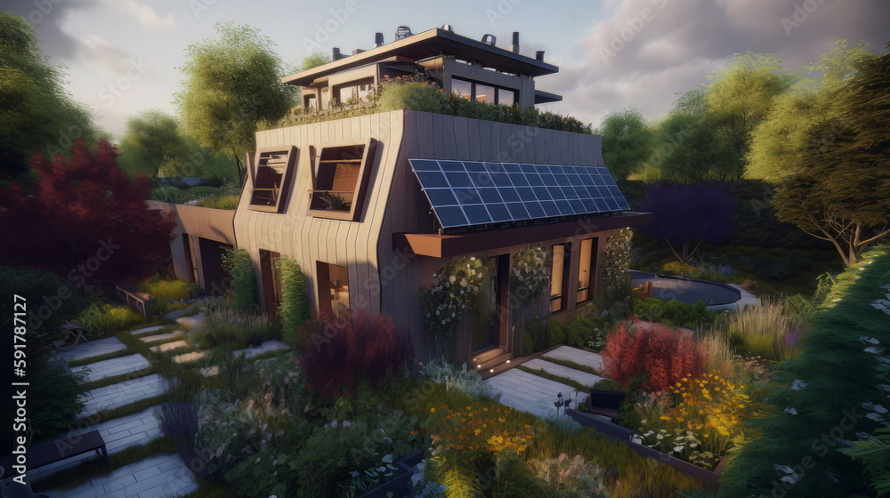 A cozy eco-house surrounded by a vibrant organic garden, featuring ...